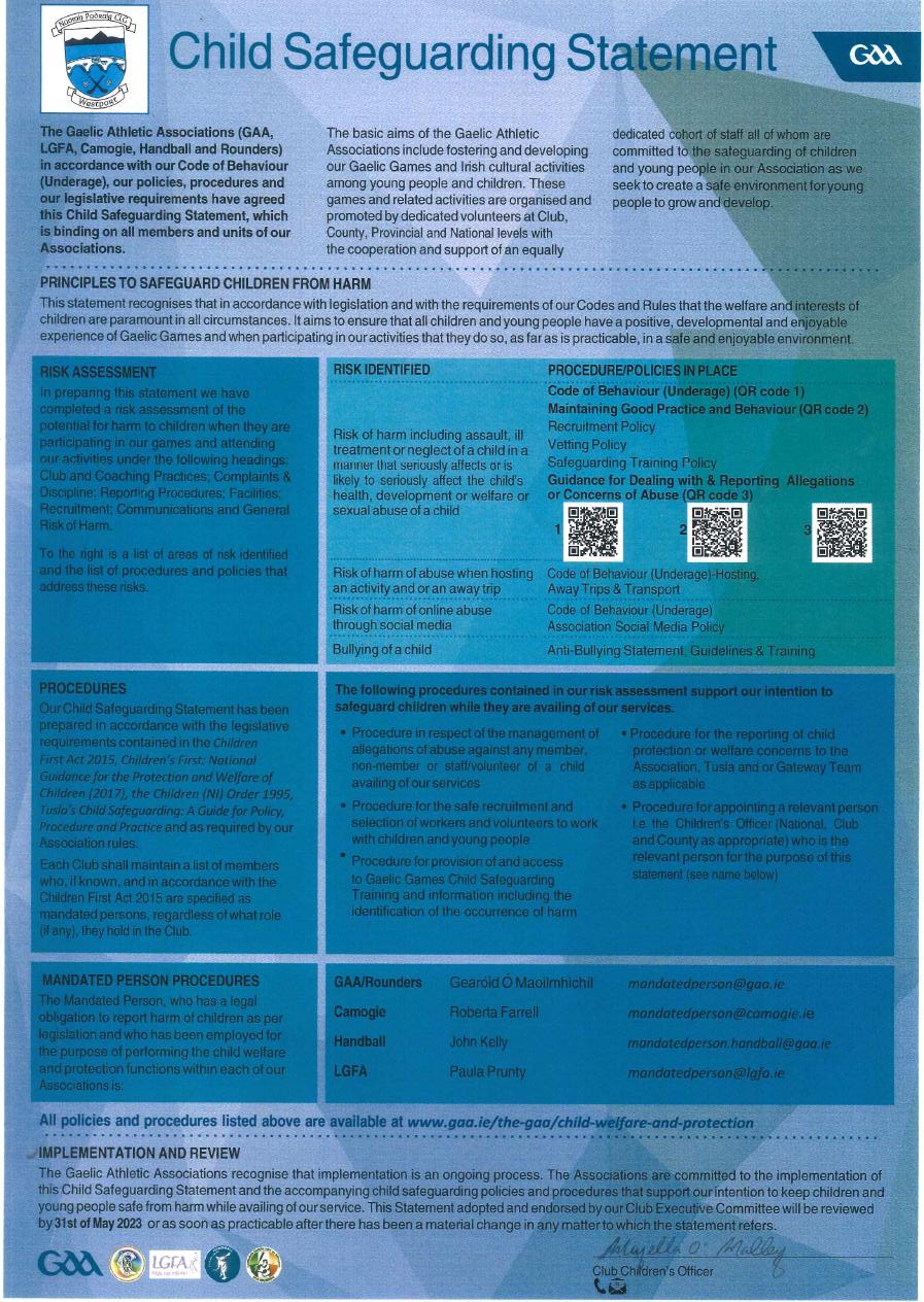 Westport Camogie Club Child Safeguarding Statement – Westport Camogie Club